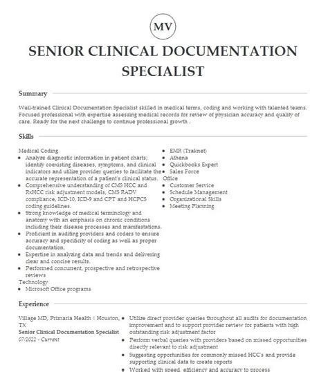 Senior Clinical Documentation Specialist Resume Example