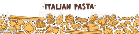 이탈리아 파스타 레터링 배경 메뉴 엽서 카페 레스토랑 바 상점을위한 파스타의 다른 유형 이탈리아 요리 스테이플 세트 벡터 손으로 그린 스타일 일러스트레이션입니다