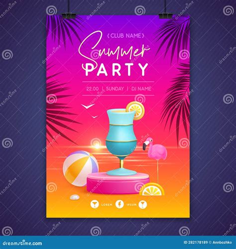 Poster Estivo Per Il Party In Discoteca Con Palcoscenico 3d E Cocktail