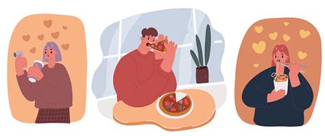 벡터 일러스트 레이 션 의 다양한 사람들의 먹는 음식 음식 먹는 사람들 피자를 먹는 남자 국수 상자를 먹는 여자 Beverige를 홀짝이는 소녀 건강한 생활방식에 대한 스톡