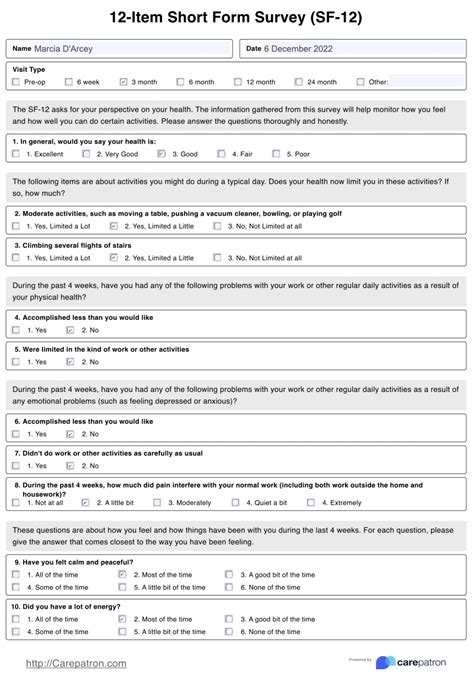 12 Item Short Form Survey Sf 12 And Example Free Pdf Download