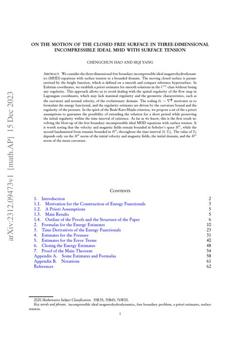 Pdf On The Motion Of The Closed Free Surface In Three Dimensional Incompressible Ideal Mhd
