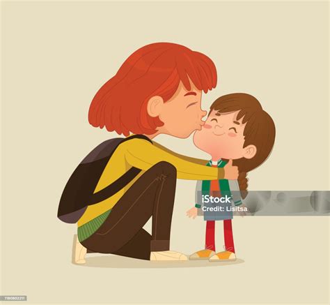 어머니의 그림은 그녀의 딸에게 작별 키스를 제공합니다 엄마는 학교 문에서 아이에게 키스를 제공합니다 미취학 아동은 몬테소리