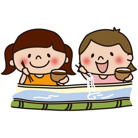 そうめん流しをする子供たち（女の子）の無料 フリー イラスト かわいい手描きの無料素材「てがきっず」保育園・小学校・介護施設にぴったりの