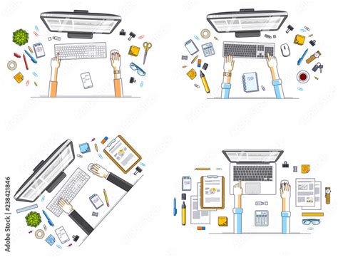 office workers or entrepreneurs working on a pc computers top view of