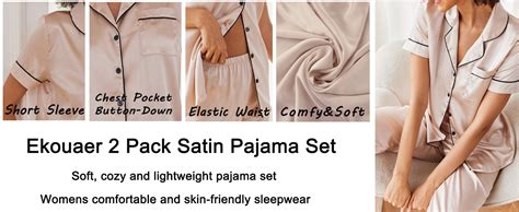 Ekouaer 2 Pack Womens Silk Satin Pajama Sets Button Down Sleepwear