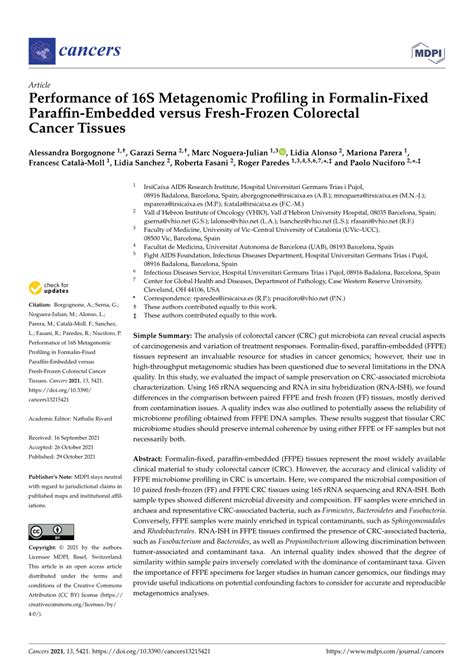 Pdf Performance Of 16s Metagenomic Profiling In Formalin Fixed