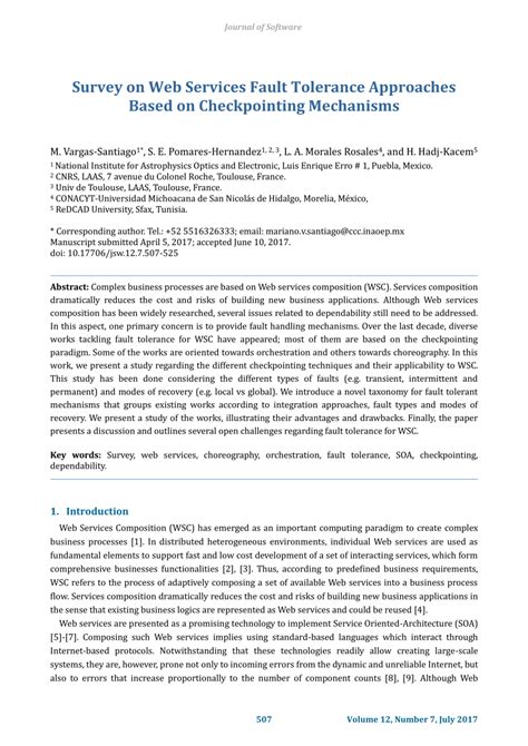 PDF Survey On Web Services Fault Tolerance Approaches Based On Checkpointing Mechanisms