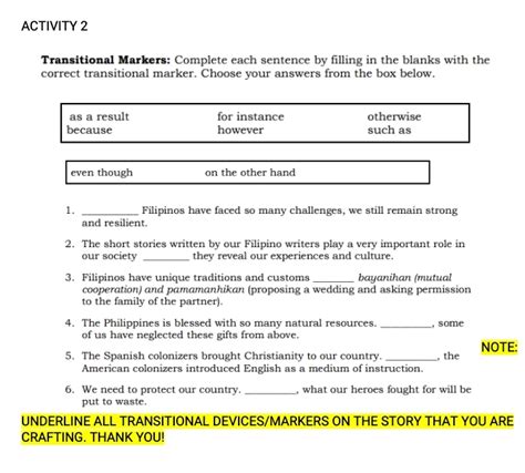 ACTIVITY Transitional Markers Complete Each StudyX