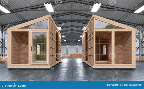 Assembly Shop Of Modular Houses With Ready Made And Unfinished 3d Illustration Stock
