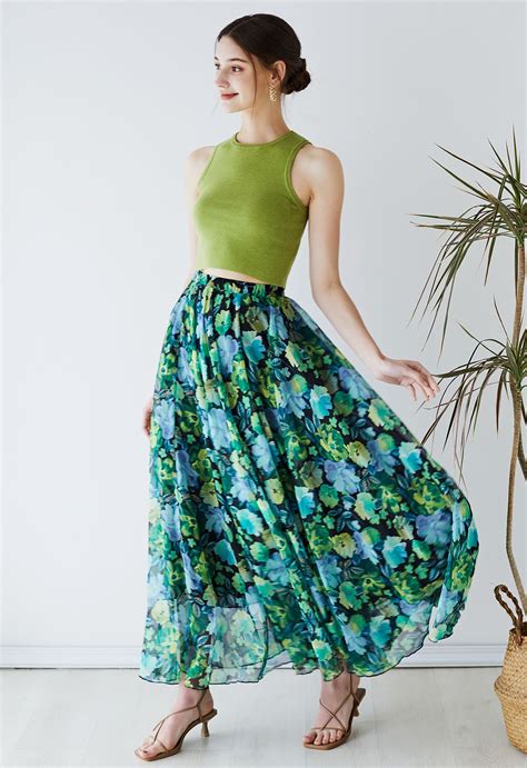 Vibrant Green Floral Chiffon Maxi Skirt Retro Indie And Unique Fashion