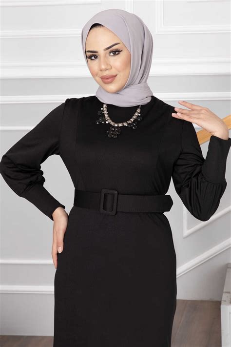 Suzanne Kemerli Tesett R Elbise Siyah Modasena