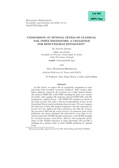 Pdf Comparison At Optimal Levels Of Classical Tail Index Estimators A Challenge For Reduced