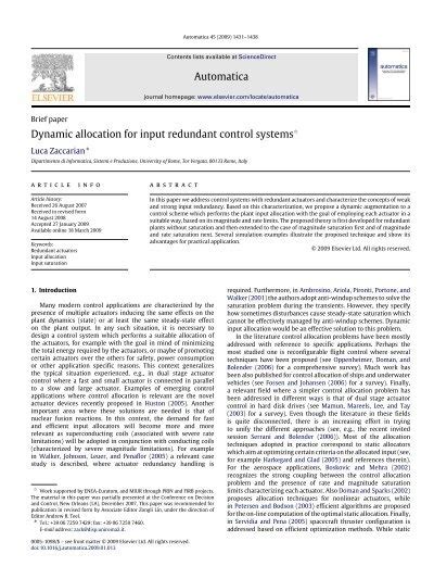 Automatica Dynamic Allocation For Input Redundant Control Systems