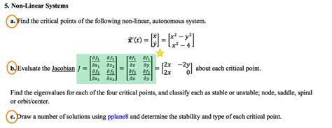 Solved 5 Non Linear Systems A Find The Critical Points Of