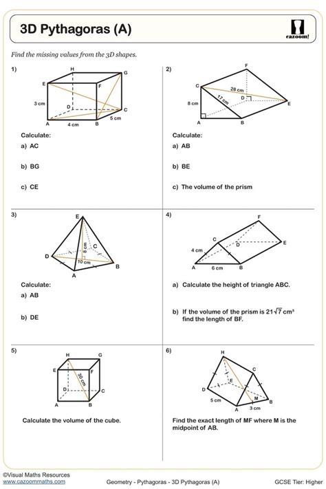 3d Pythagoras Worksheet For Year 10