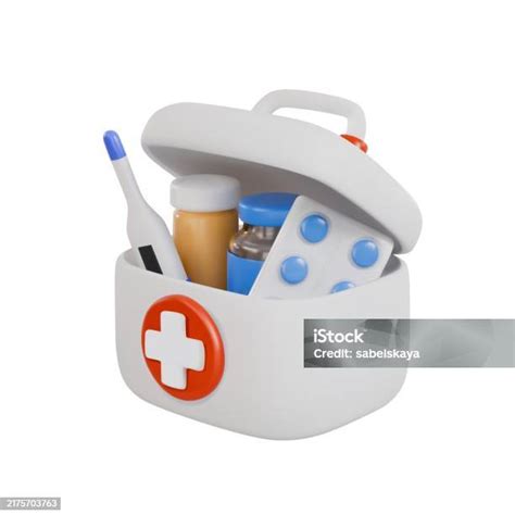 Vector Illustration A 3d First Aid Kit With A Thermometer And Medicines