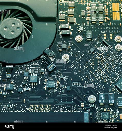 Laptop Motherboard Extreme Close Up Green Printed Computer Motherboard With Microcircuit