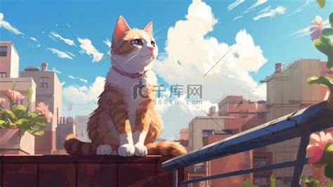 一只猫蹲在阳台上晒太阳插画图片 千库网