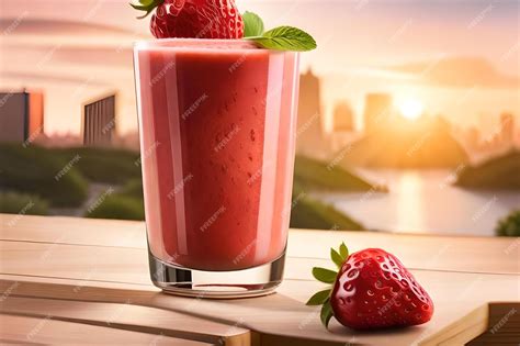 Premium Photo A Glass Of Strawberry Milk With A City In The Background