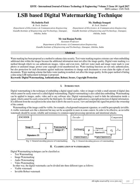 Lsb Based Digital Watermarking Technique Pdf Digital Technology
