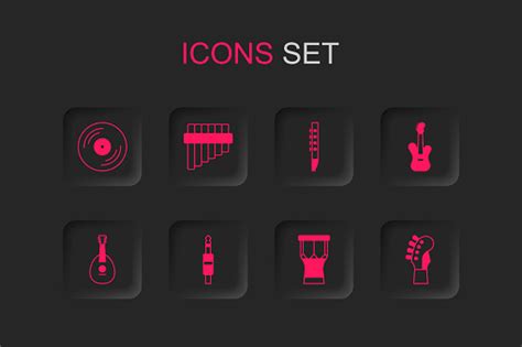 오디오 잭 팬 플루트 비닐 디스크 아프리카 타악기 드럼 일렉트릭베이스 기타 기타 넥 플루트 및 만돌린 아이콘을 설정합니다 벡터 케이블에 대한 스톡 벡터 아트 및 기타 이미지