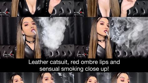 Leather Catsuit Red Ombre Glossy Lips And Sensual Smoking Close Up