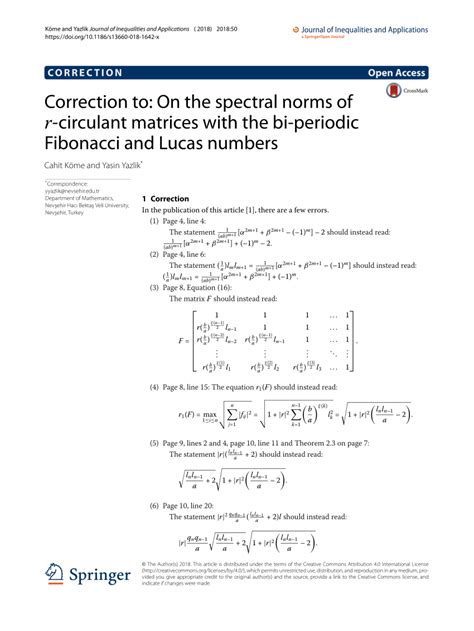 Pdf Correction To On The Spectral Norms Of R Circulant Matrices With The Bi Periodic