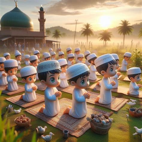 Premium Photo 3d Chibi Caricature Several Of Muslims Praying Eid Fitr In Mosque