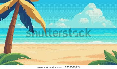 Beach Pixel Art Background 2d Backdrop Stock Vector Royalty Free