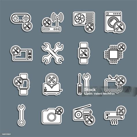 세트 라인 에어컨 서비스 Tv 프로세서 교차 렌치 전자 레인지 게임 패드 및 스마트 워치 아이콘 벡터 Brand Name Video Game에 대한 스톡 벡터 아트 및 기타