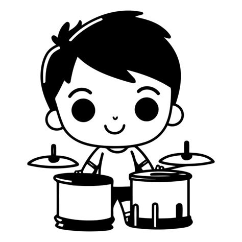 만화 스타일의 드럼 세트를 연주하는 귀여운 소년 프리미엄 Ai 생성 벡터