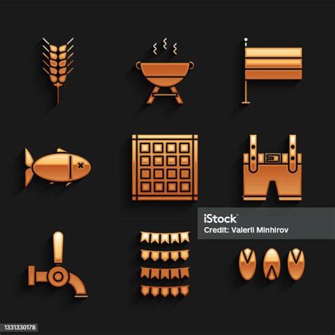 체크 무늬 냅킨 깃발이 달린 카니발 화환 피스타치오 너트 레더호센 맥주 탭 피쉬 국립 독일 및 밀 아이콘을 설정합니다 벡터 0명에 대한 스톡 벡터 아트 및 기타 이미지