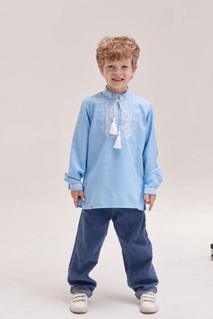 Вишиванка для хлопчика Зірка дитяча блакитна сорочка з білою вишивкою 2 роки 92 см