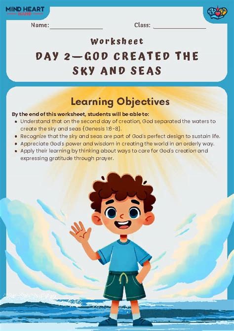Day 2 God Created The Sky And Seas Genesis 16 8 Bible Worksheet