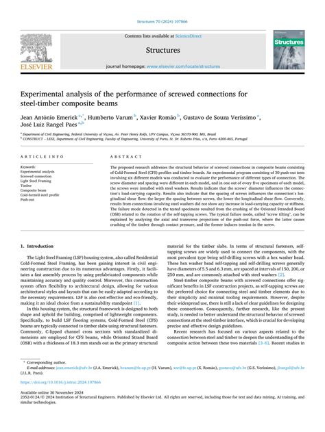 Pdf Experimental Analysis Of The Performance Of Screwed Connections For Steel Timber Composite