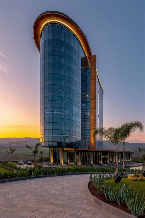 Modern Architectural Marvel At Sunset Captivating Glass Building With Unique Curved Design And
