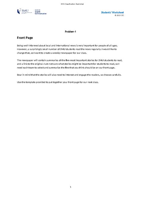 Problem 4 Students Worksheet SMU Classification Restricted