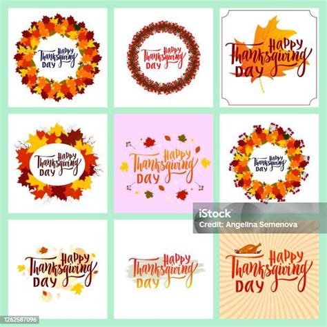 해피 추수 감사절 인사말 카드 세트 손 글자 단풍 나무 화환 칠면조의 단풍 감사에 대한 스톡 벡터 아트 및 기타 이미지 감사 가을 개체 그룹 Istock