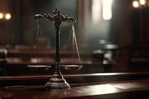 A Balanced Scale of Justice on a Wooden Surface Against a Dimly Lit Courtroom Backdrop | Premium ...