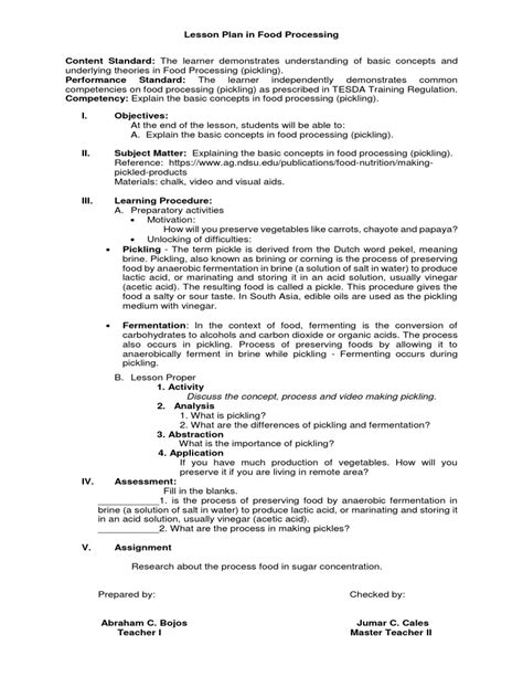 Lesson Food Processing Pickling Pdf Pickling Fermentation