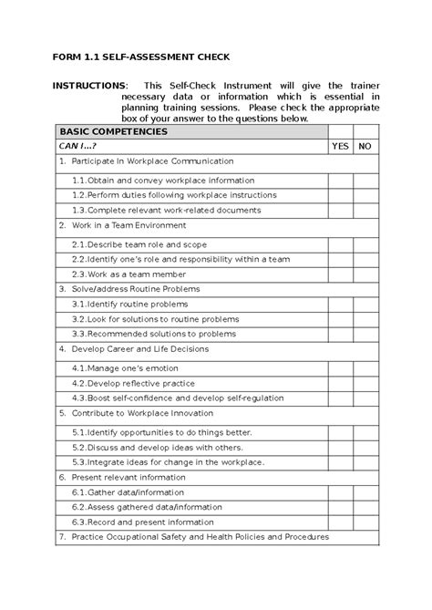 Bpp Ncii Self Assessment Checklist Form 1 Self Assessment Check Instructions This Self