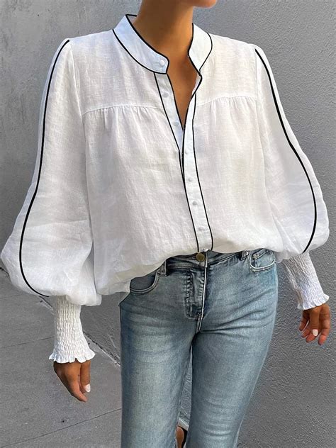 Loose Urban Color Block Long Sleeve Stand Collar Blouse Stylewe