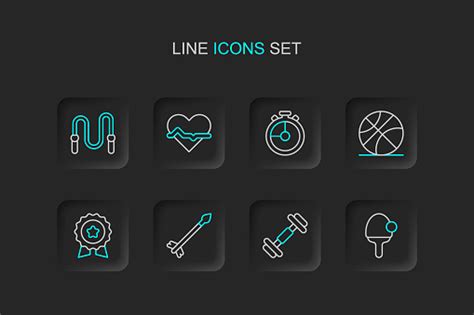 라인 라켓 덤벨 중세 화살 별이 달린 메달 농구 공 스톱워치 심박수 및 줄넘기 아이콘을 설정합니다 벡터 건강관리와 의술에 대한 스톡 벡터 아트 및 기타 이미지 Istock