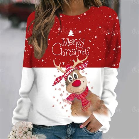 Noel Elk Boyama T Shirt Kad N Sonbahar K K Rm Z Sevimli Kazak Uzun