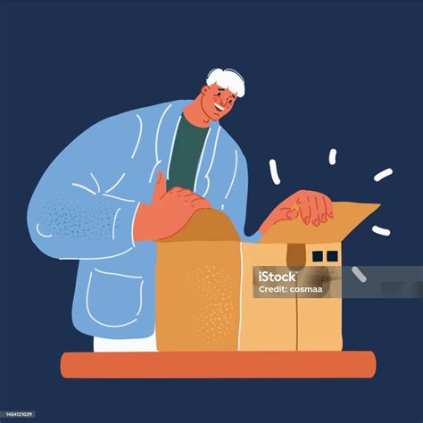 남자의 만화 벡터 일러스트 레이 션은 판지 상자를 풀고 인터넷 상점 구매 선물에 만족하고 빠른 배달 배송 서비스 쇼핑 경험에 흥분합니다 남자에 대한 스톡 벡터 아트 및 기타