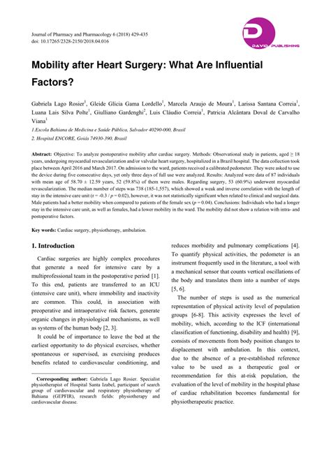 Pdf Mobility After Heart Surgery What Are Influential Factors