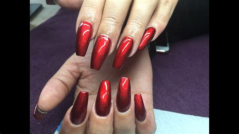 Acrylic Nails Infill Re Design Metallic Red Youtube