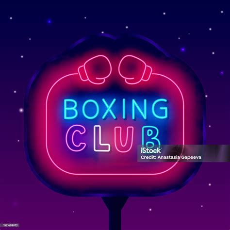 권투 클럽 네온 라벨 거리 광고판 빛나는 옥외 광고 권투 글러브가 있는 프레임 벡터 그림 간판에 대한 스톡 벡터 아트 및 기타 이미지 Istock