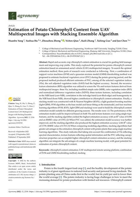 Pdf Estimation Of Potato Chlorophyll Content From Uav Multispectral Images With Stacking